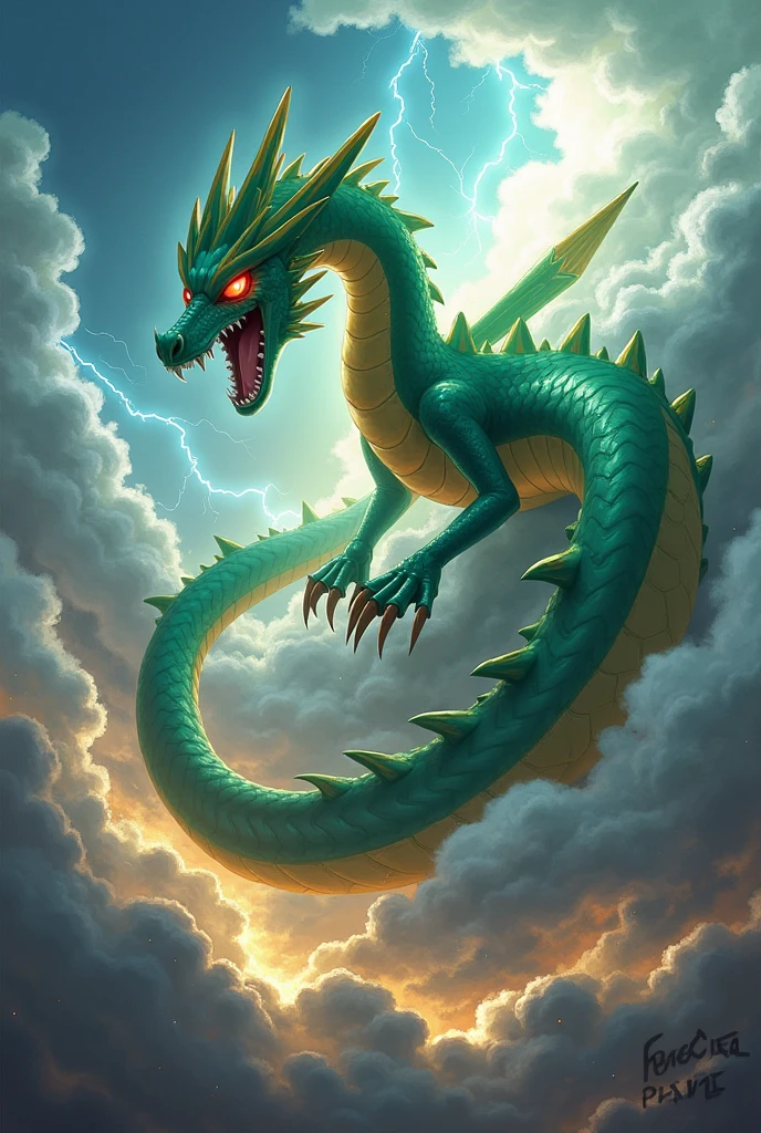 Rayquaza, a colossal emerald-green serpentine dragon with a sleek ...