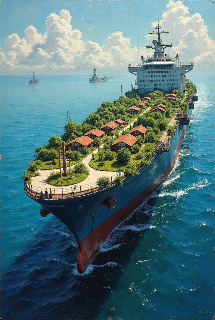 A 1500 meters mega-carrier ship doubling as a city with green areas and ...