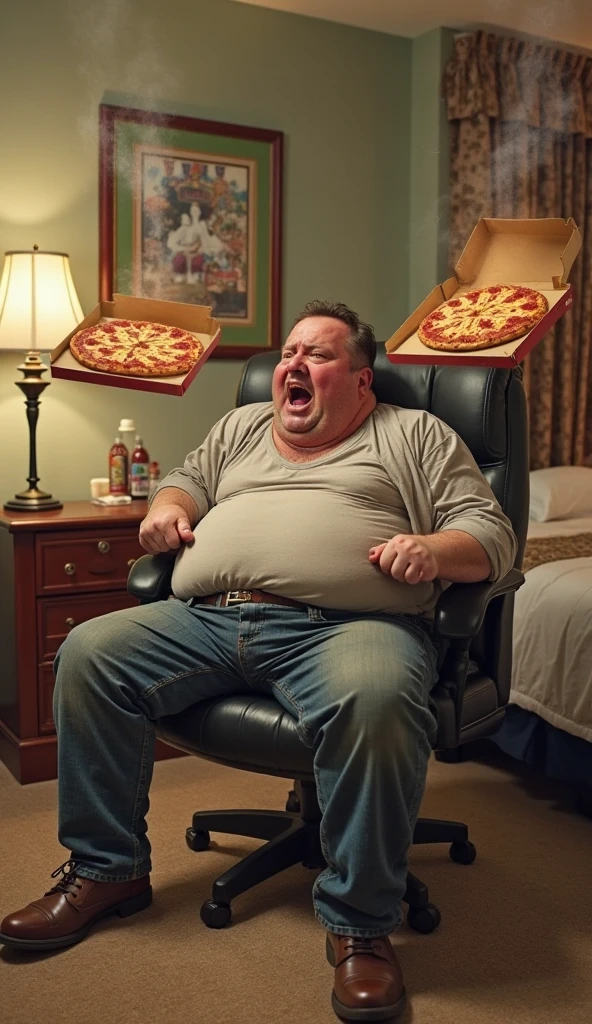 Fat slob on an office chair backwards, YELLING, room service with 2 ...