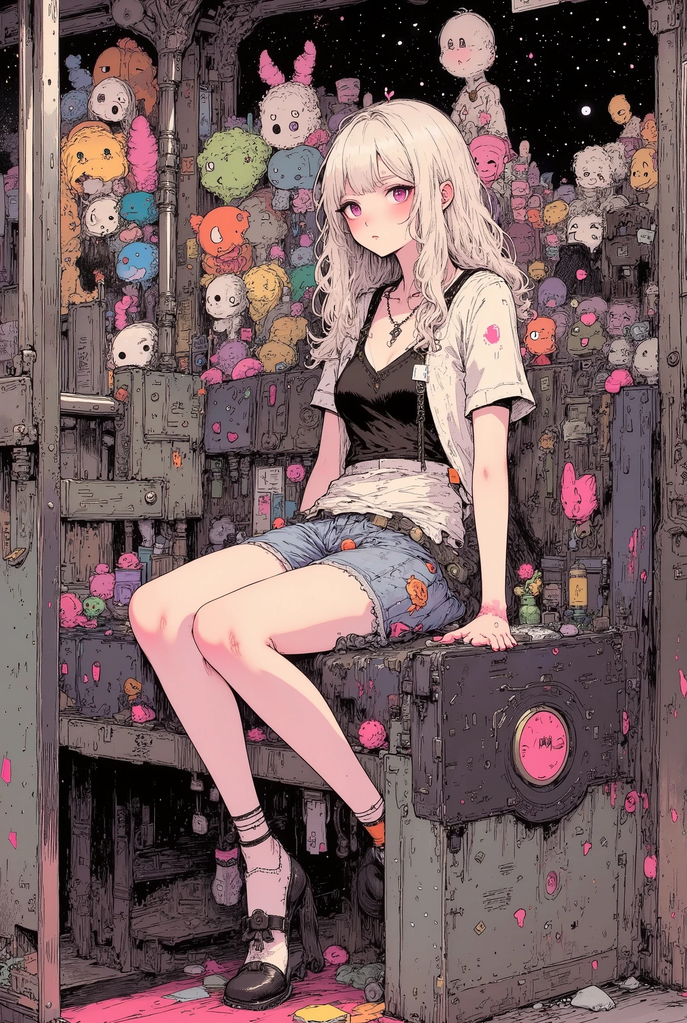 Anime girl sitting on a bench with a bunch of stuffed animals - SeaArt AI