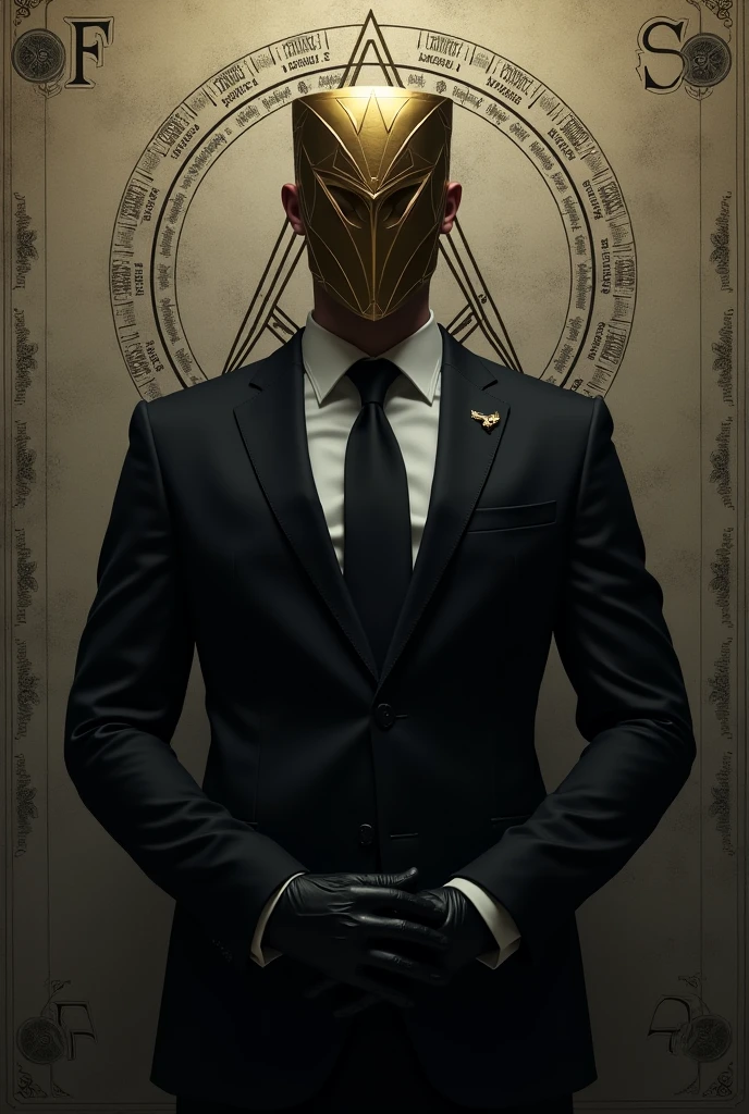 A man in a strict, neat anonymous golden mask and a formal suit and ...