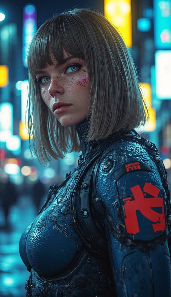 A beautiful European woman, grayish blue eyes, freckles on her face ...