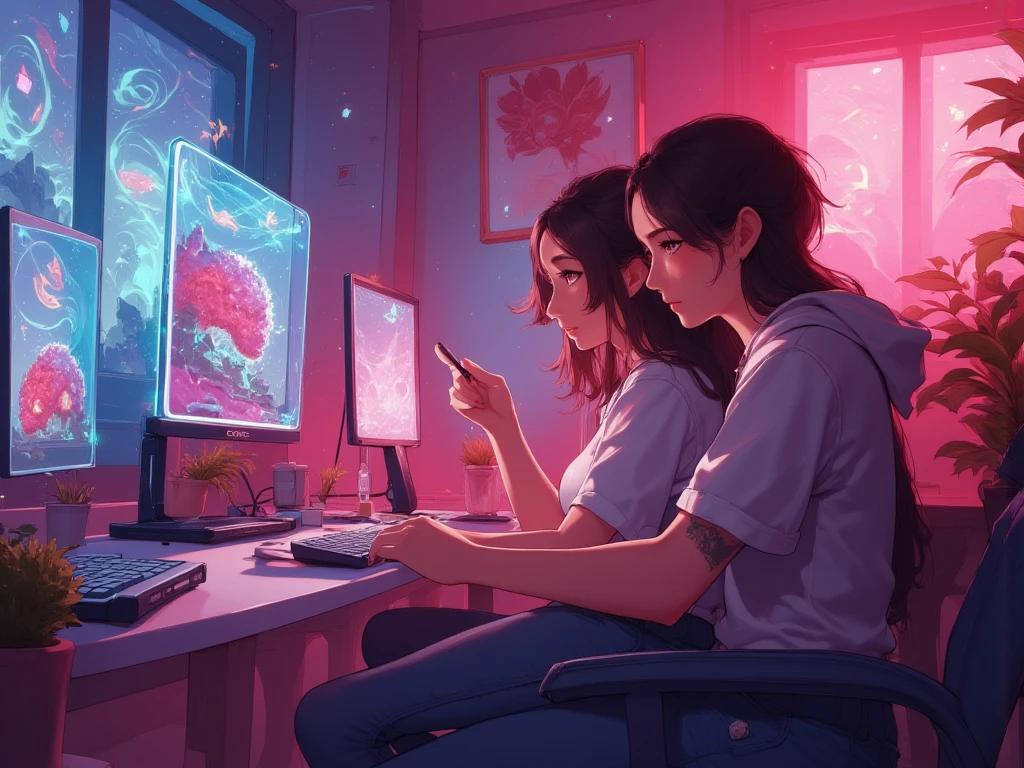 Guy and girl at computers in their room, cyberpunk style, shades of ...