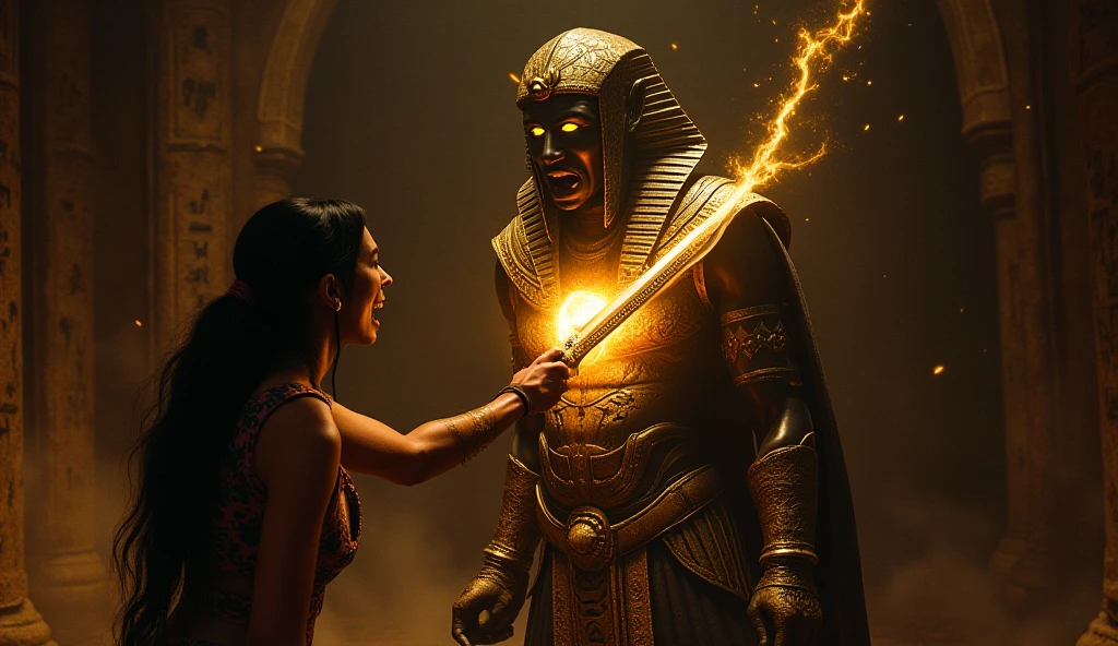 A dim, ancient chamber glows with faint golden runes on the walls ...