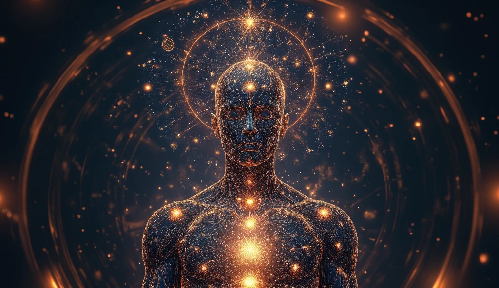 The image showcases a stylized anatomical human figure, intricately ...