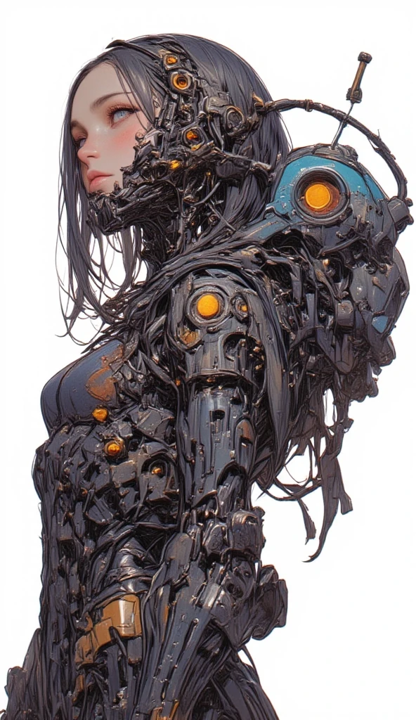 A drawing of a robot with lots of different colored parts, concept art ...