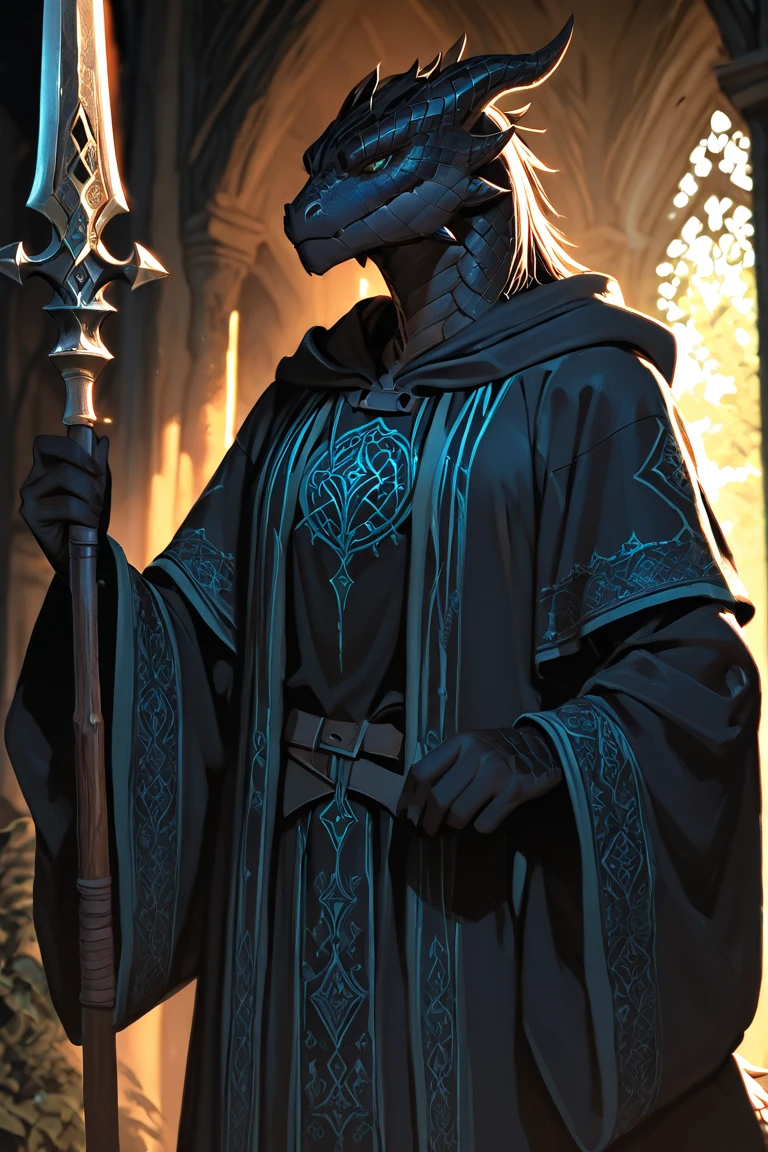 Black Dragonborn, holding a spear , wizard clothes, forest in the ...
