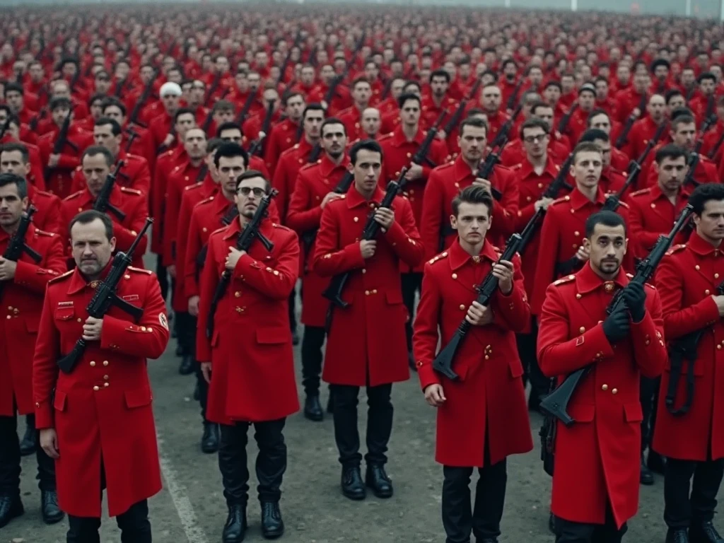 An army of 1000 people standing dressed in red overcoats, black pants ...