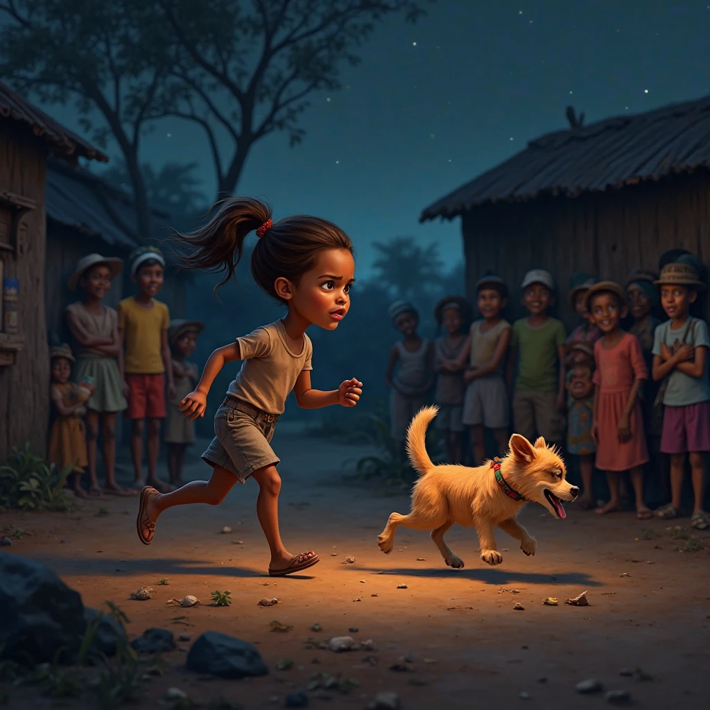In real image and seen from profile, in an African village at night ...