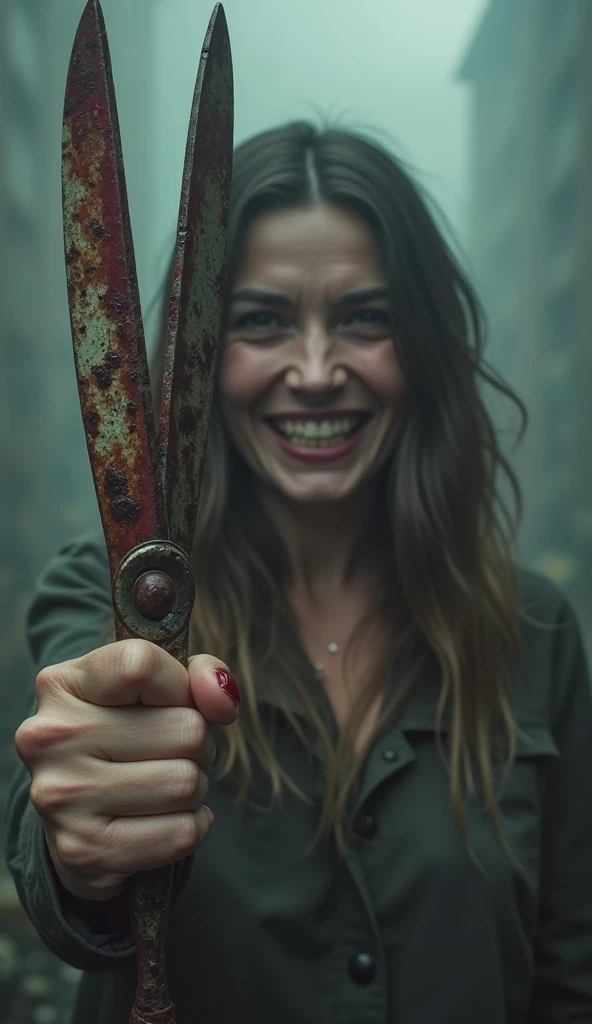 The woman takes an old, rusty and large pair of scissors. The blades of ...