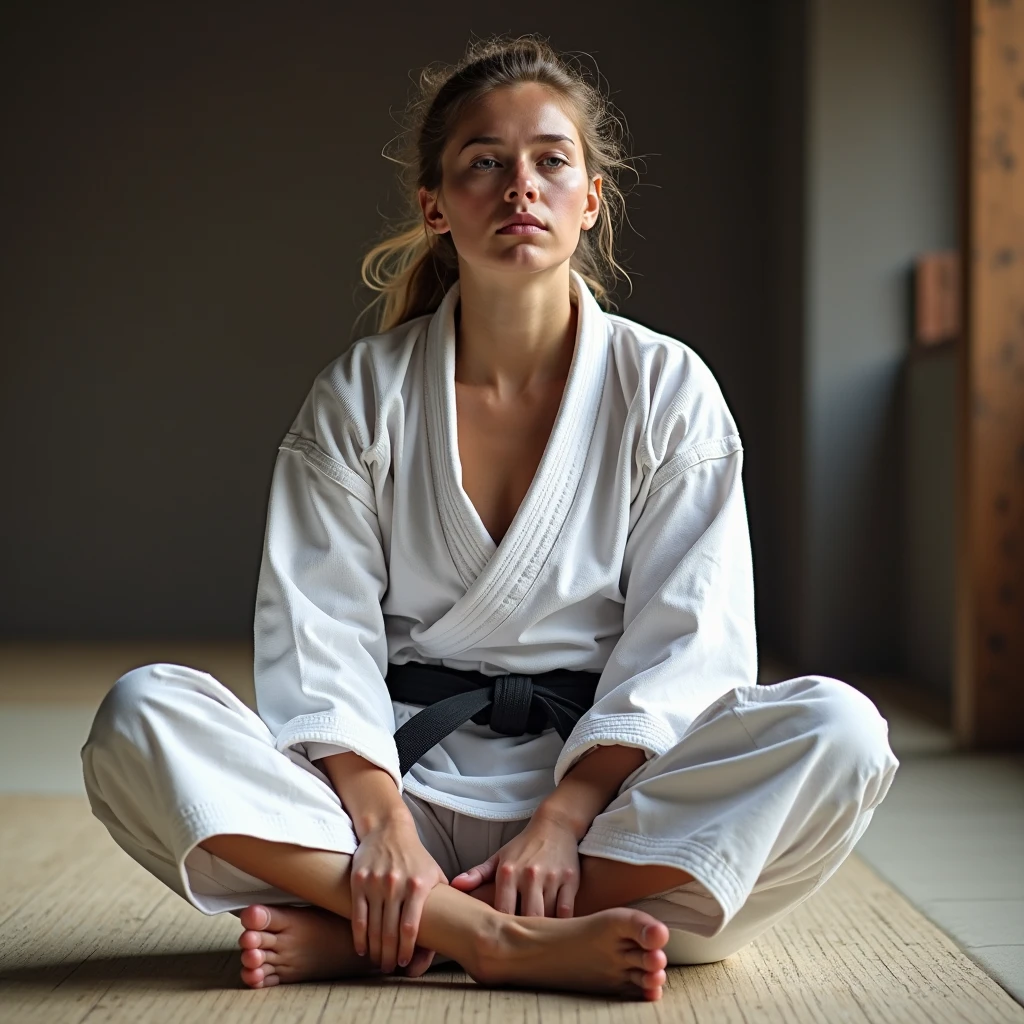 Une athlete feminine de judo, a slightly strong , open , white judogi ...