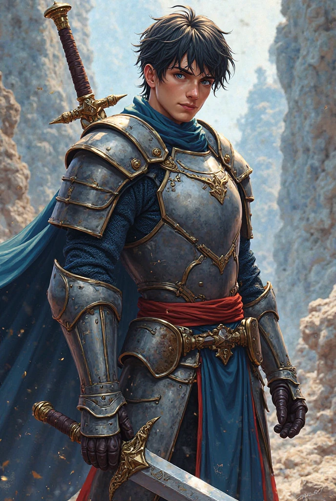 A young guy with armor with a sword in his hands. not particularly long ...