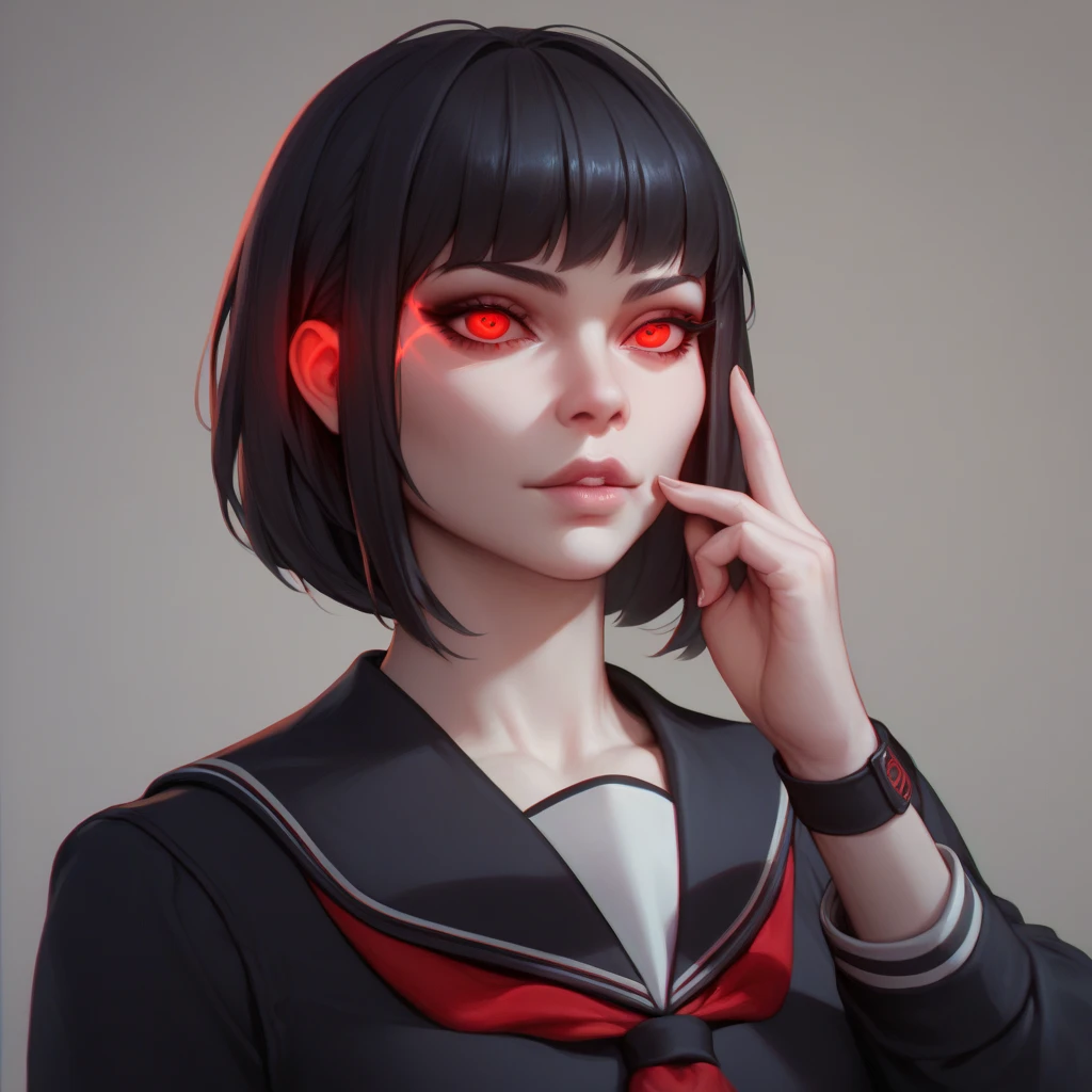 A ash pale skin girl short black bob long fringe hair glowing red eyes ...