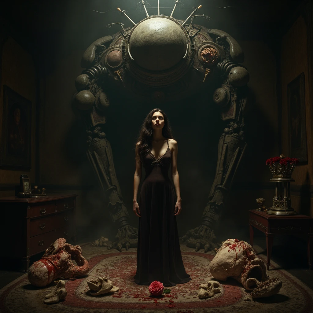 "(the best lighting, HIGH CONTRAST, dark, dramatic),(Woman next to a ...