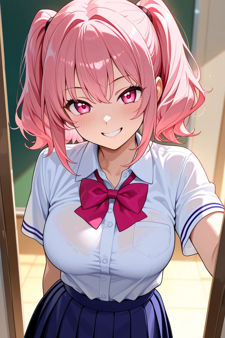 Short pink hair, pink eyes, medium breasts, short skirt, sports school ...