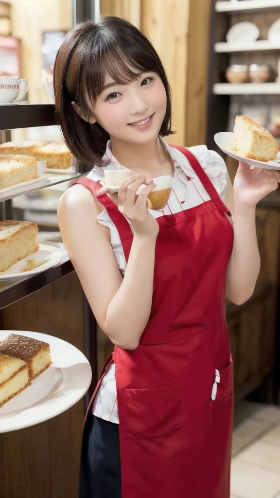 Only one woman, standing, (staff uniform) (red apron), /(black hair ...