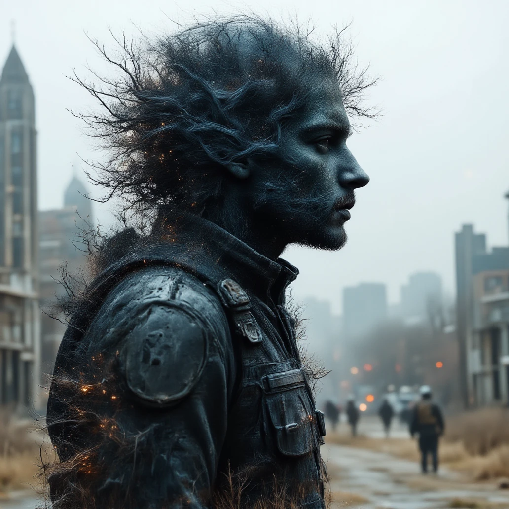 Double exposure style,prospect: Anthropomorphic crow soldier donned in ...