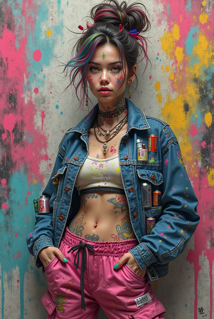 An ultra-realistic, full-body portrait of a mesmerizing graffiti artist ...