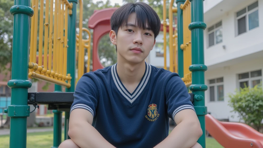 A young man sitting on top of a playground structure, school uniform ...