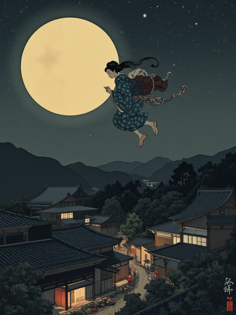 Ukiyoe, Ukiyoe style, geisha ninja flying in the night sky over an Edo ...