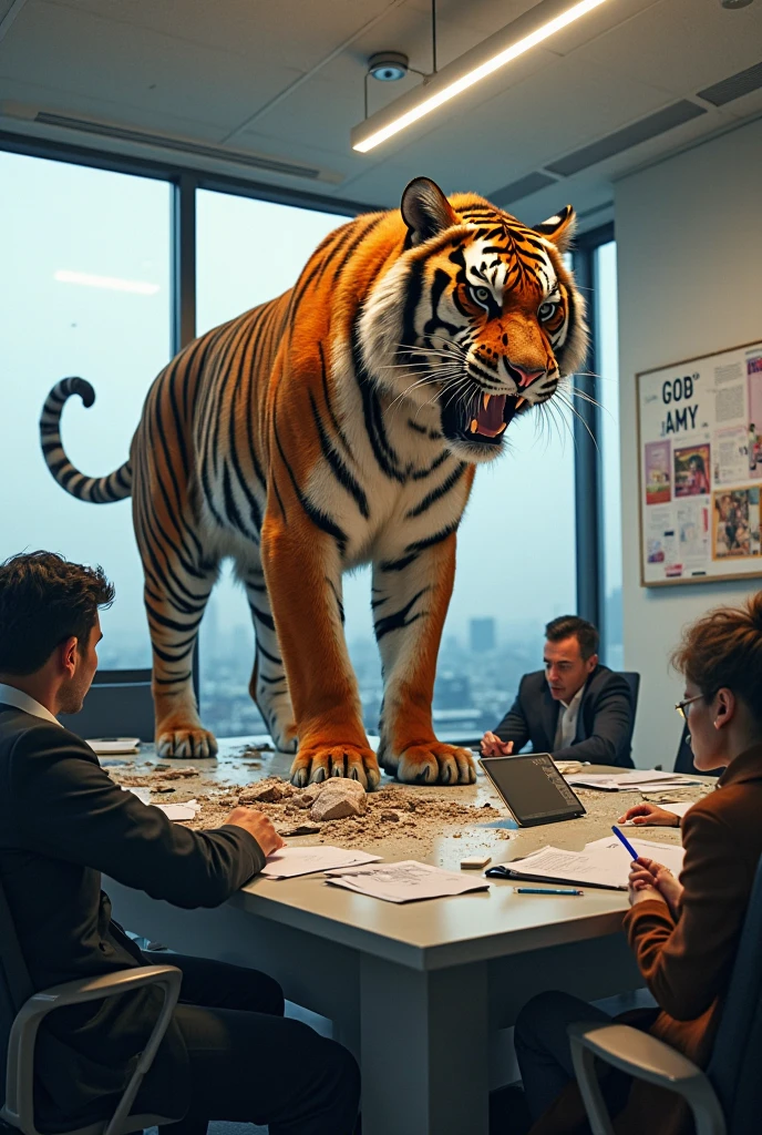 A colossal Bengal tiger stands atop a shattered conference table in a ...