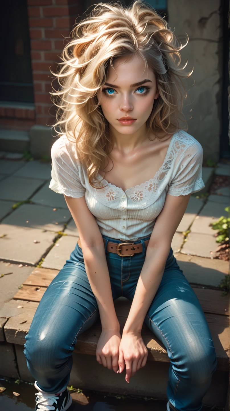 Beautiful girl sitting on her knees arms tied behind her, glancing ...