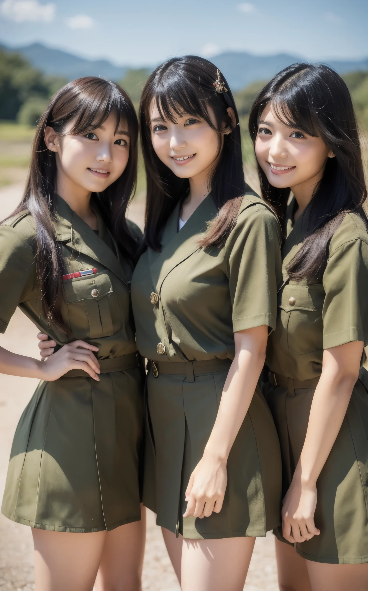 Three asian women in uniforms posing for a picture in a field - SeaArt AI