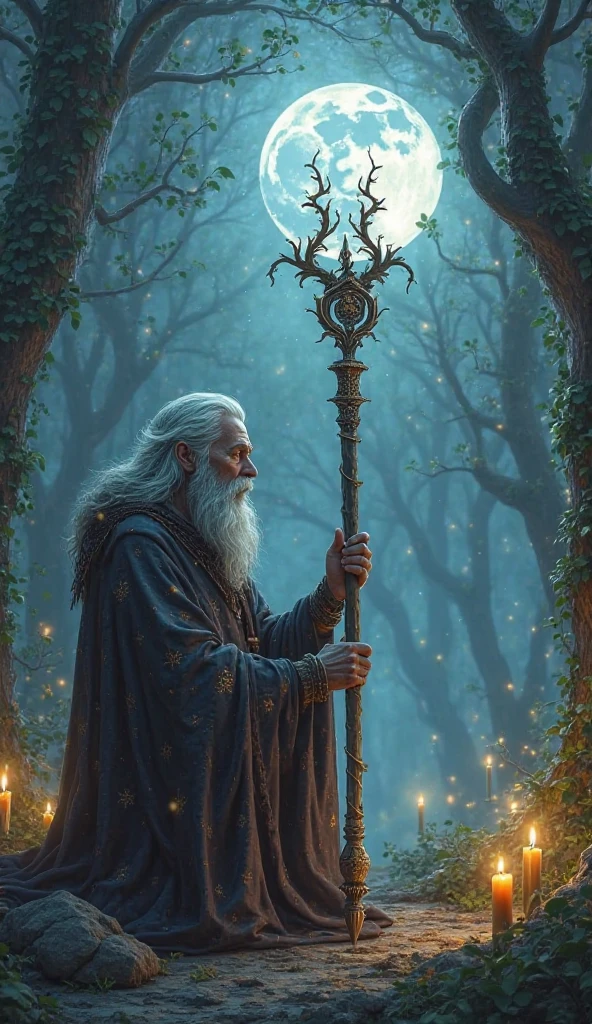 Wizard in an enchanted forest kneeling down on his knees asking the ...