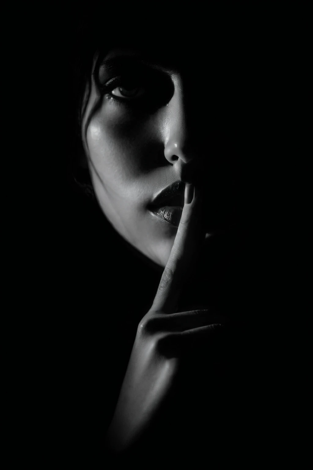 A woman, Her face and upper torso are illuminated, while the rest of ...