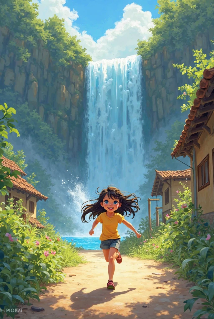 Thar running on village road with water falling 1girl, Long Hair ...