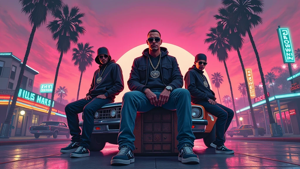 A Grand Theft Auto (GTA) inspired digital artwork featuring three men ...