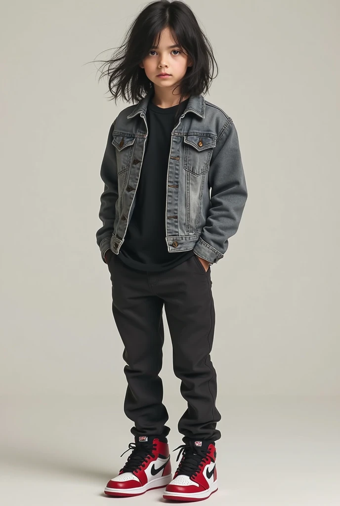 Make long hair boy in gary colour wearing a danim & formal gray colour ...