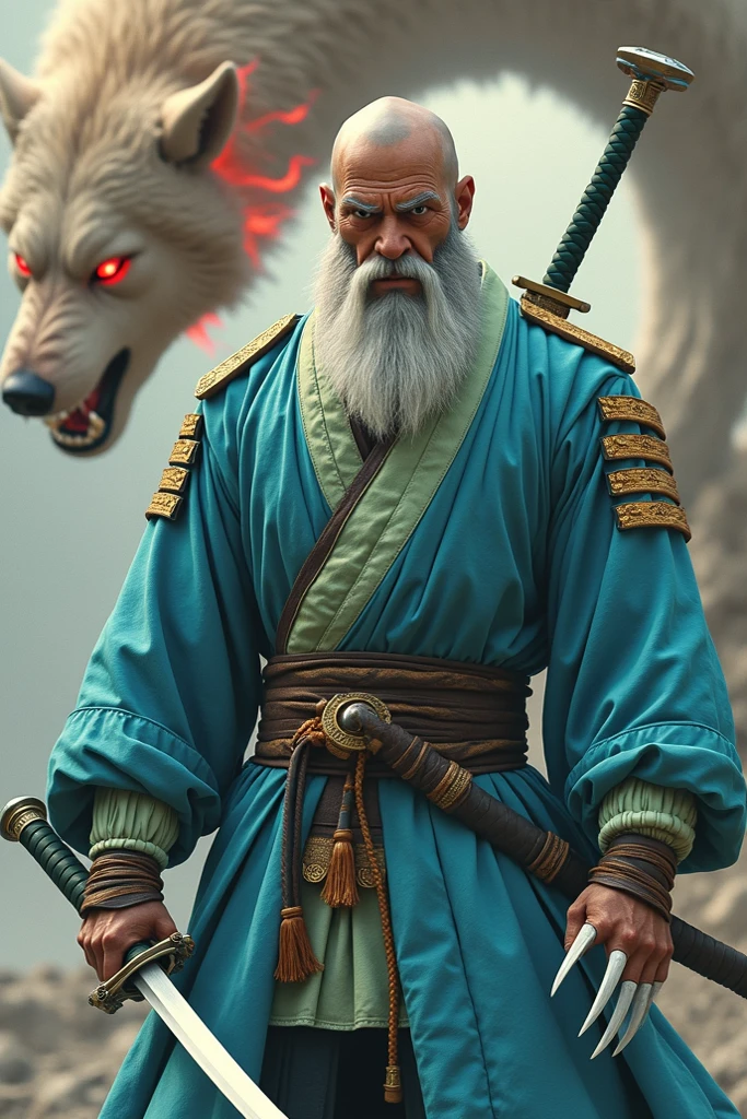 Samurai with the face of a bald Cleber Betcher and with a short white ...