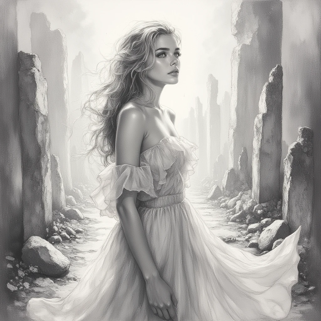 Black and White charcoal sketch. A beautiful young sensual Caucasian ...