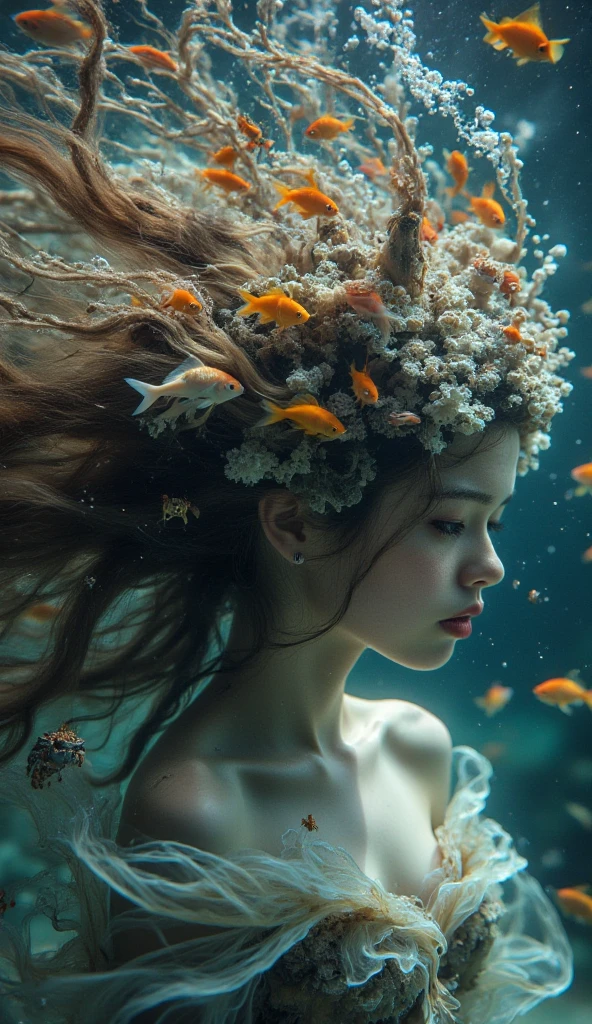 A young woman submerged in an ethereal underwater world, her hair ...