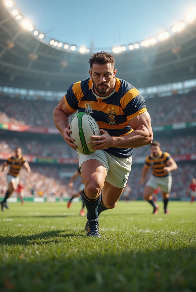 Create me an image the first person or we play rugby in a video game ...