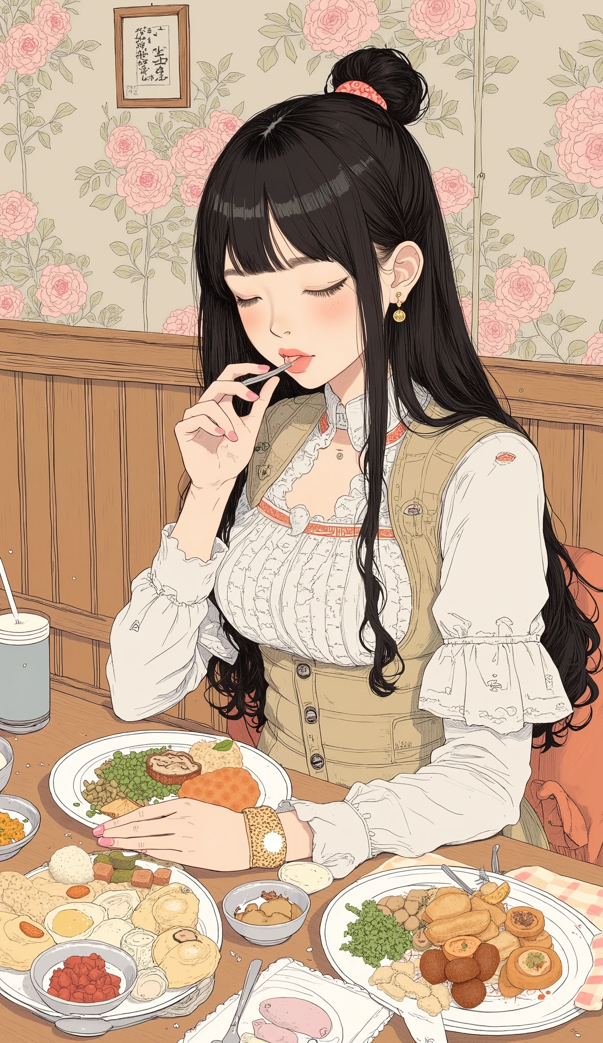 Anime girl eating a meal at a table with plates of food - SeaArt AI