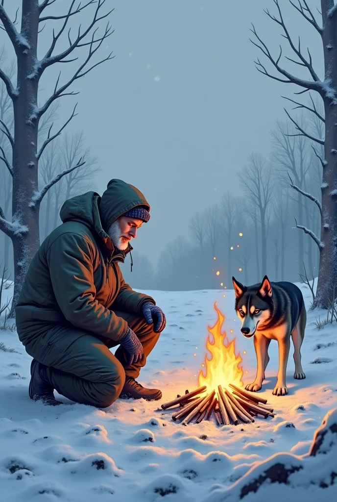 Depict a solitary man in a harsh, snowy wilderness, struggling to build ...