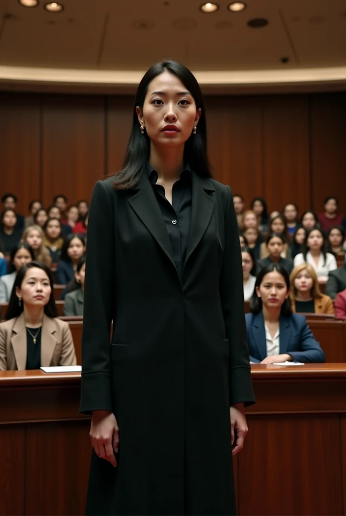 "Inside a grand courtroom with wooden benches and a high ceiling ...