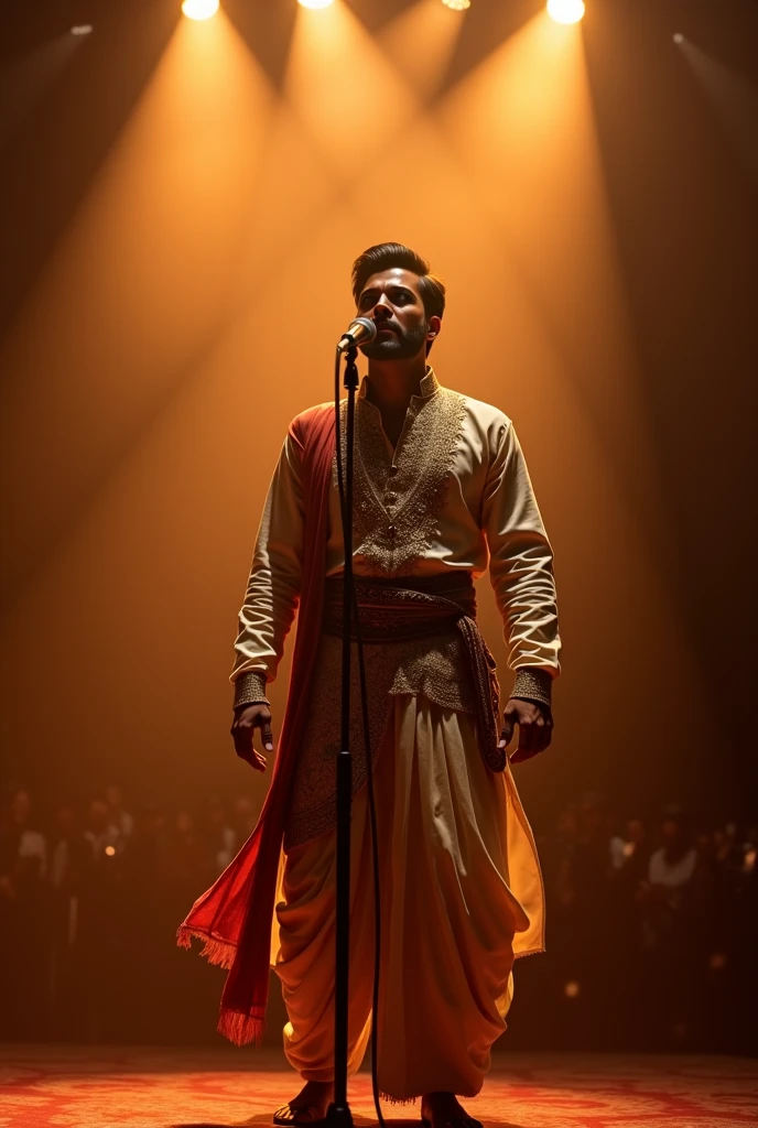 (photorealism:1.2), a handsome indian male singer, standing on stage ...