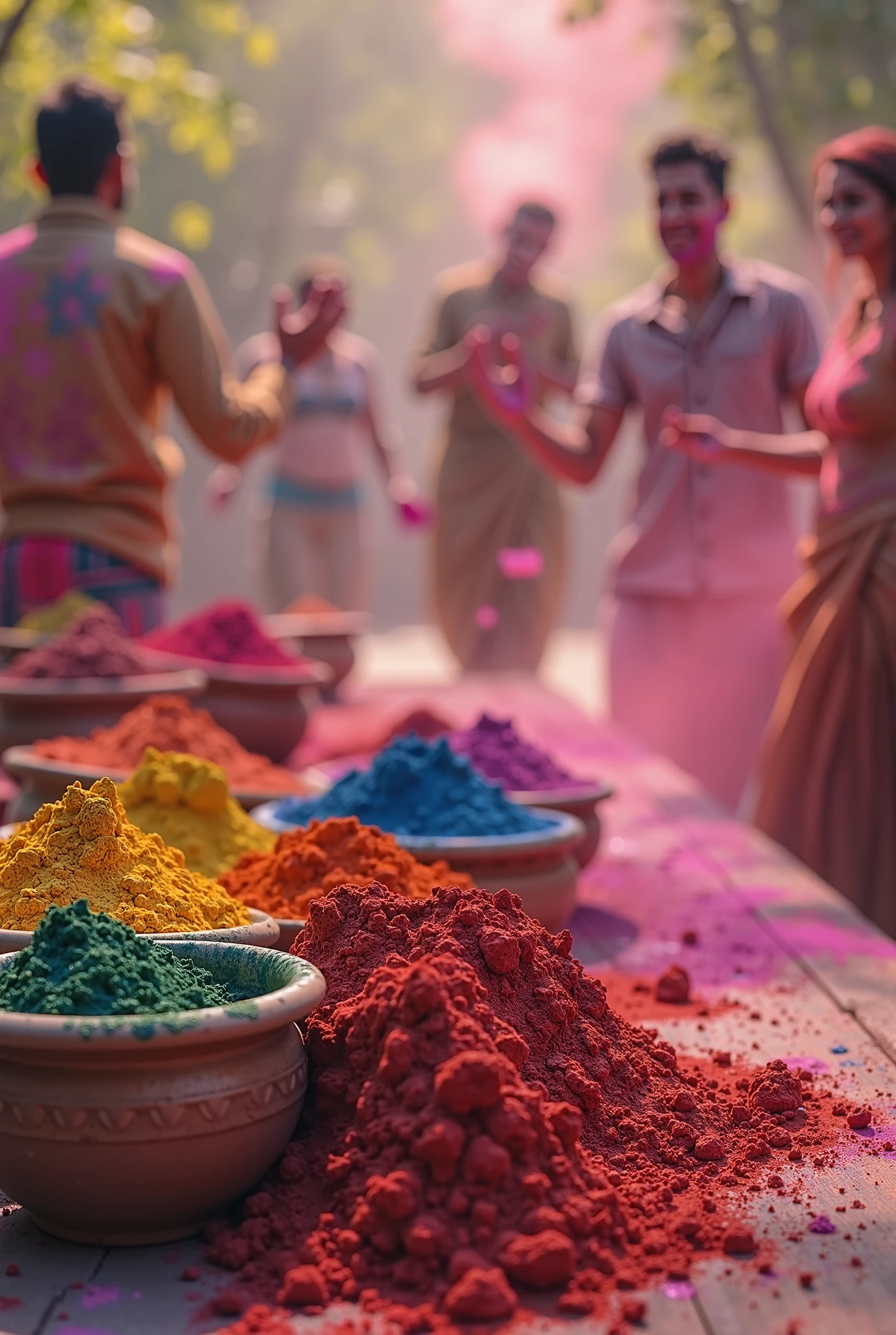 Brightly colored powders are being thrown onto a table in a group ...
