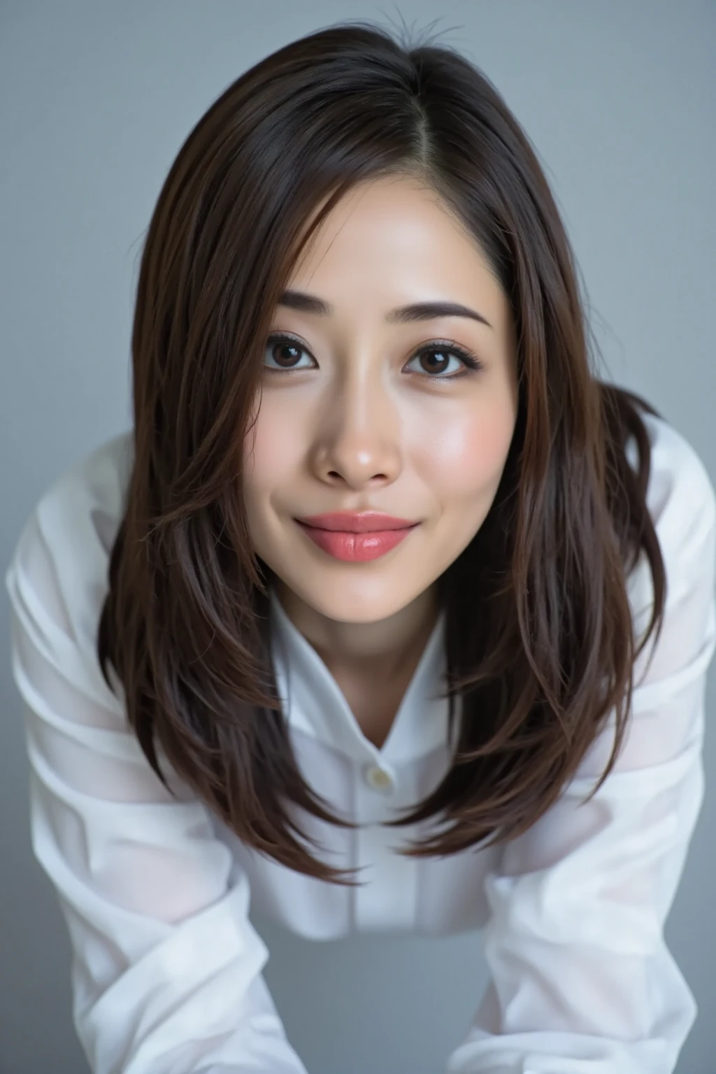 Ishihara Satomi, an egoist of sexual pleasure, is leaning forward with her hands - SeaArt AI