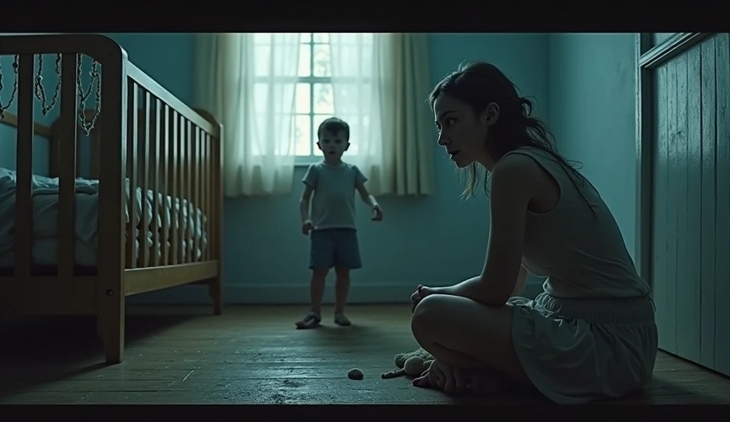 A hyper-realistic and chilling horror scene set in a dimly lit nursery ...