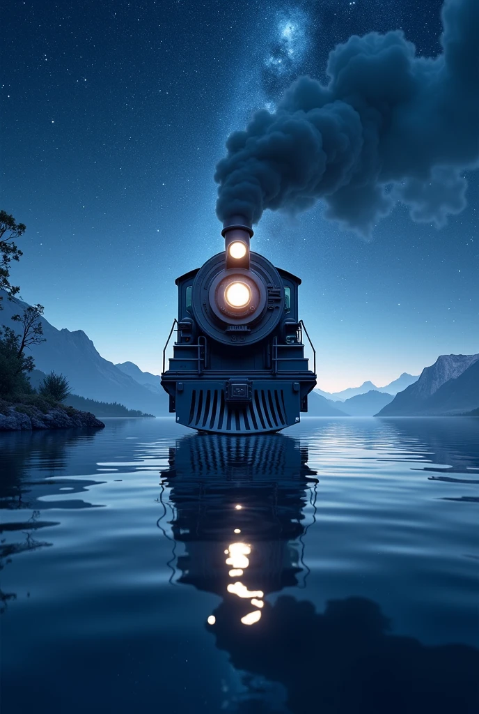 A front view of a train on water wherein the background sky is full of ...