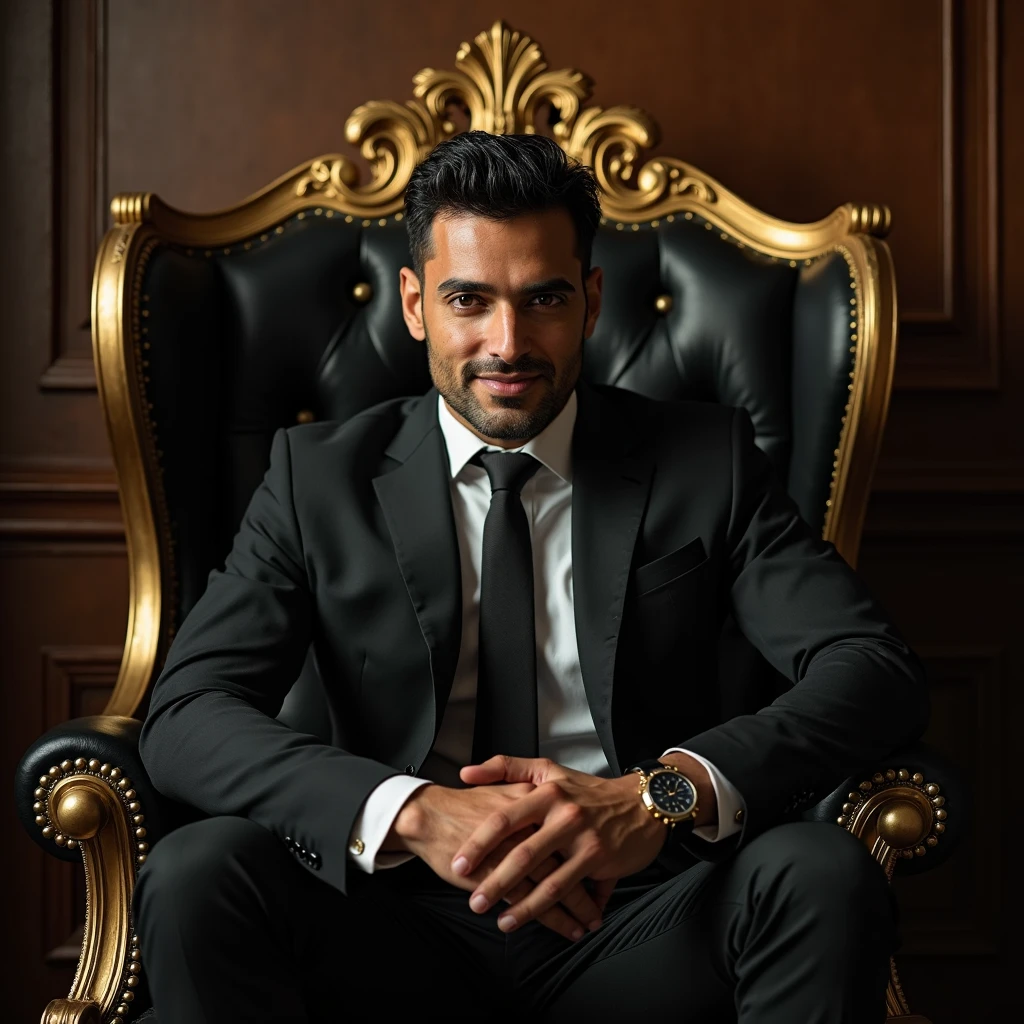 Make me a picture of a handsome Egyptian, wearing a suit, sitting on a ...