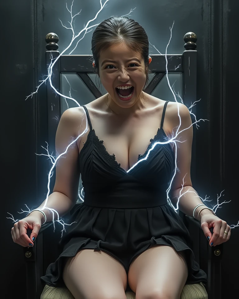 A woman in a party dress is restrained in an electric chair、 electric shock - SeaArt AI