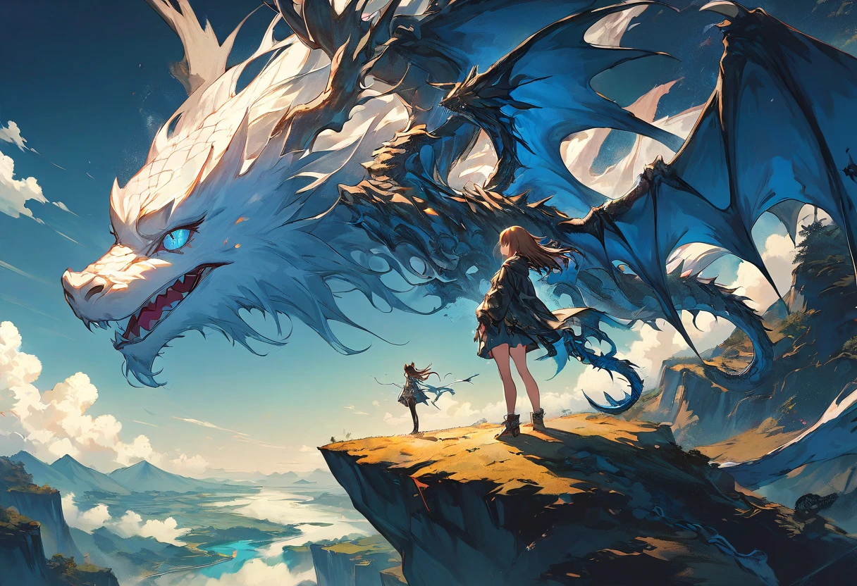 Anime, Woman standing on a cliff and watching a dragon, anime art ...