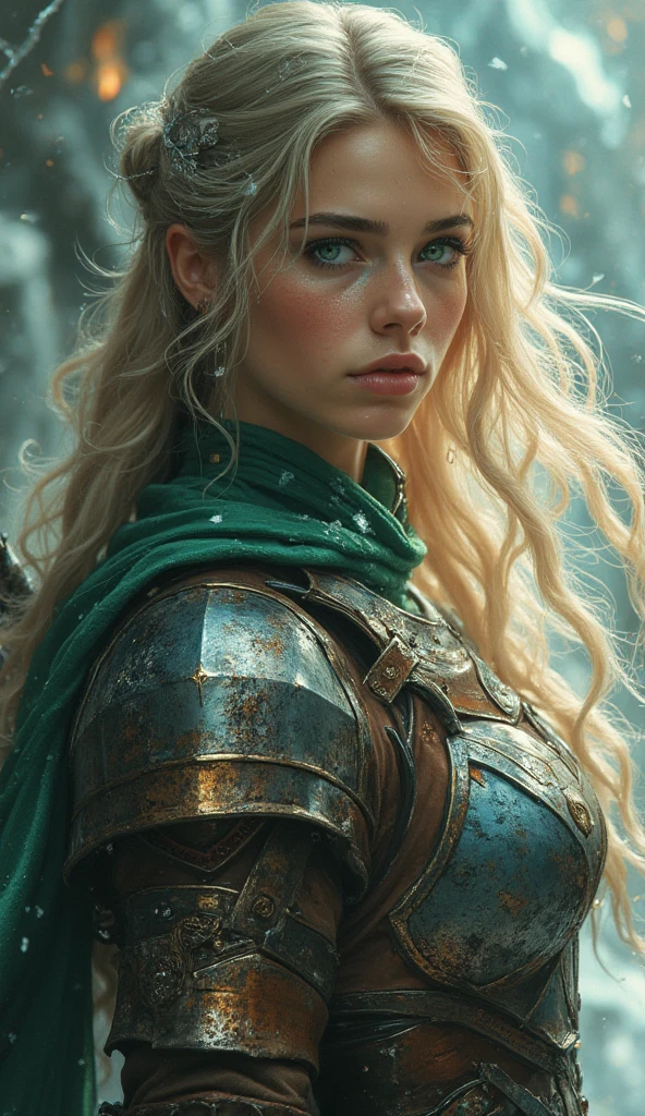 A beautiful warrior, with flowing light hair, crystal green eyes - SeaArt AI