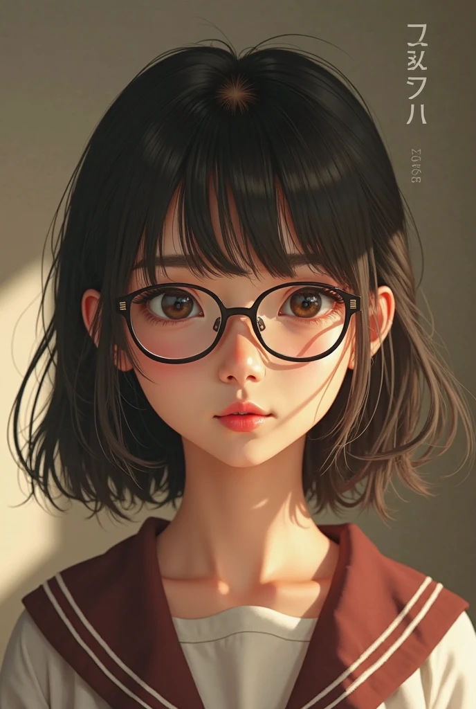 Asian schoolgirl, mullet hair, wearing glasses, thin but round face ...