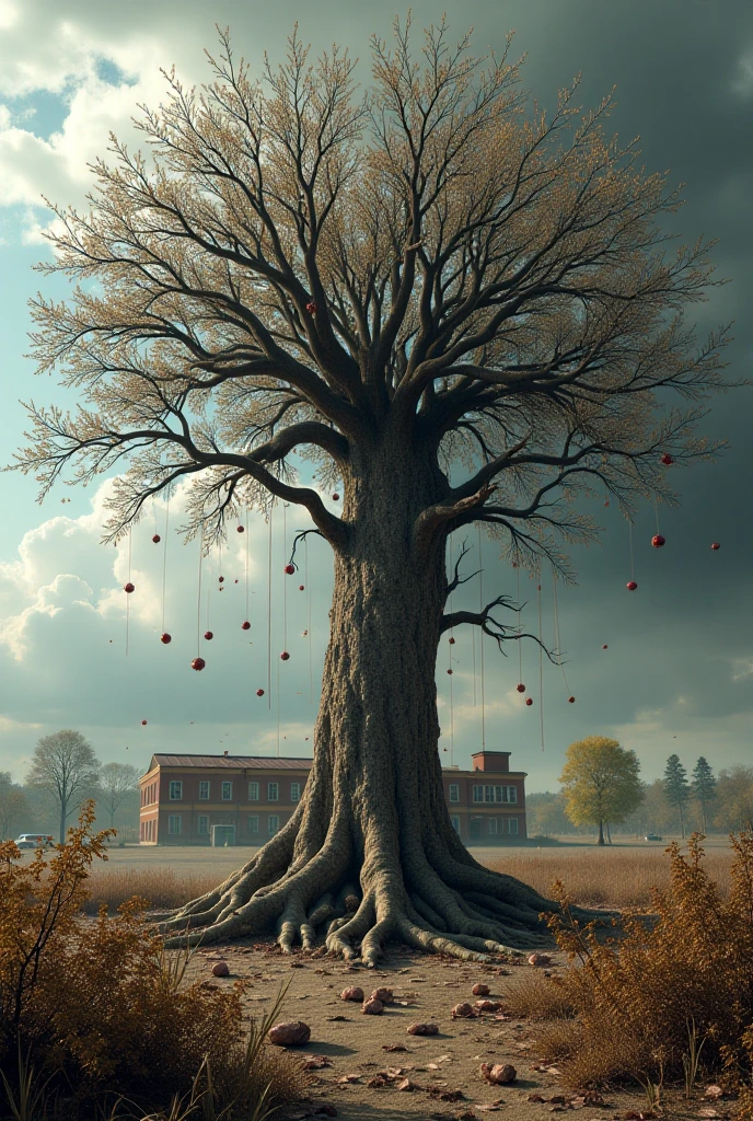 "Create a highly realistic image of a large, dying tree in a barren ...